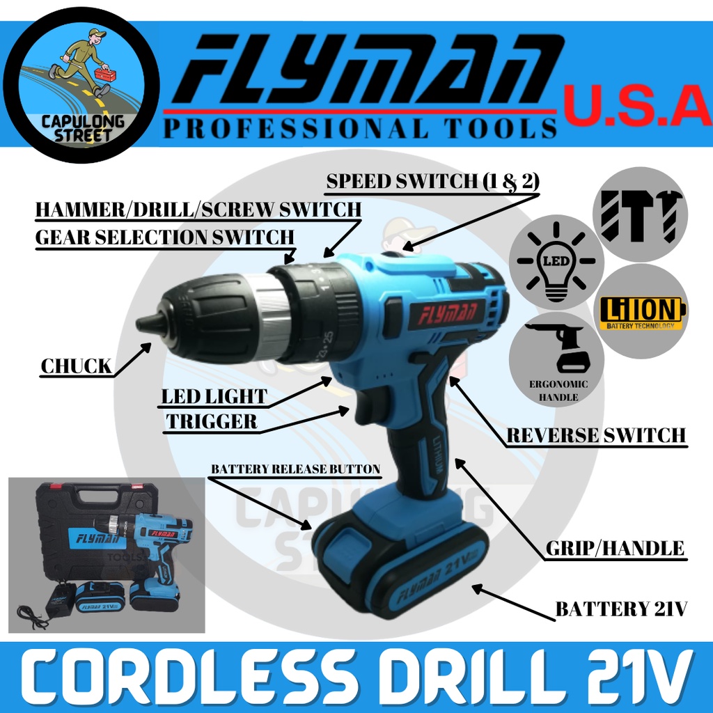 Capulong Flyman Cordless Impact Drill 21v Barena 25mm Power Tool 2 ...