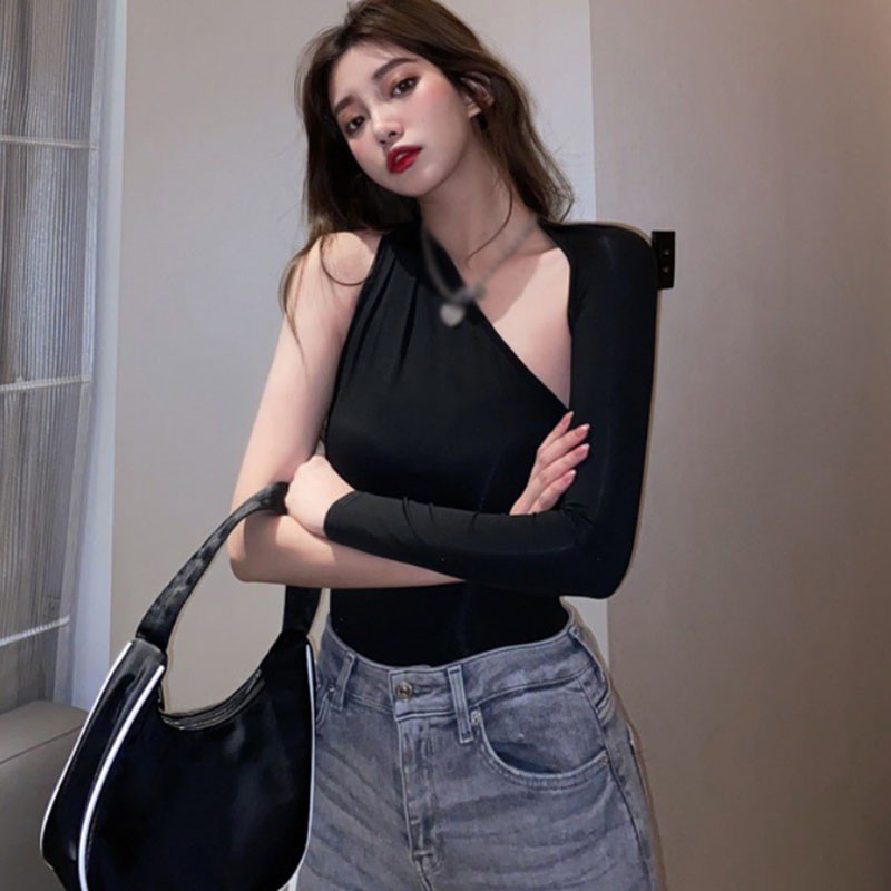 Women's croptop Slant Shoulder Sexy Slim Strapless Long Sleeve T-Shirt ...