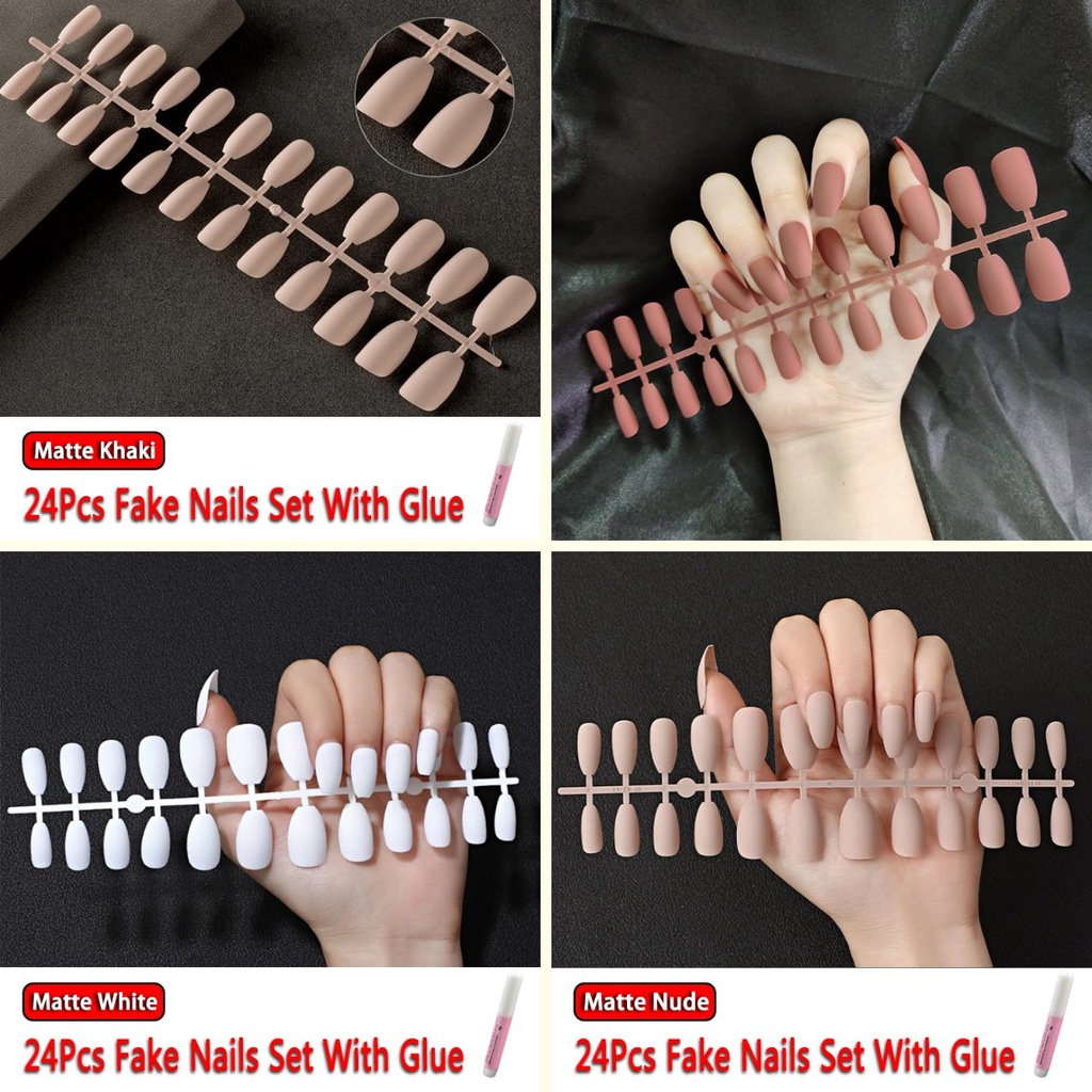 【Free Glue】24Pcs Fake Nails Set Art Matte False Nail Sensual Matte ...