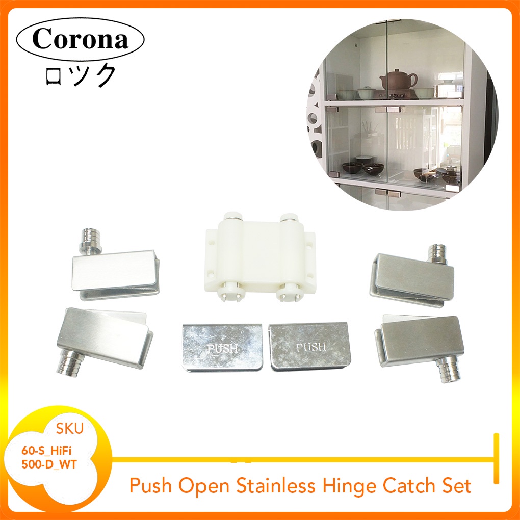 Push Open Stainless Hinge Catch Complete Set for Glass Double Cabinet ...