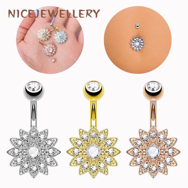 Crystal Sunflower Navel Rings 3 Colors Stainless Steel Belly Button ...