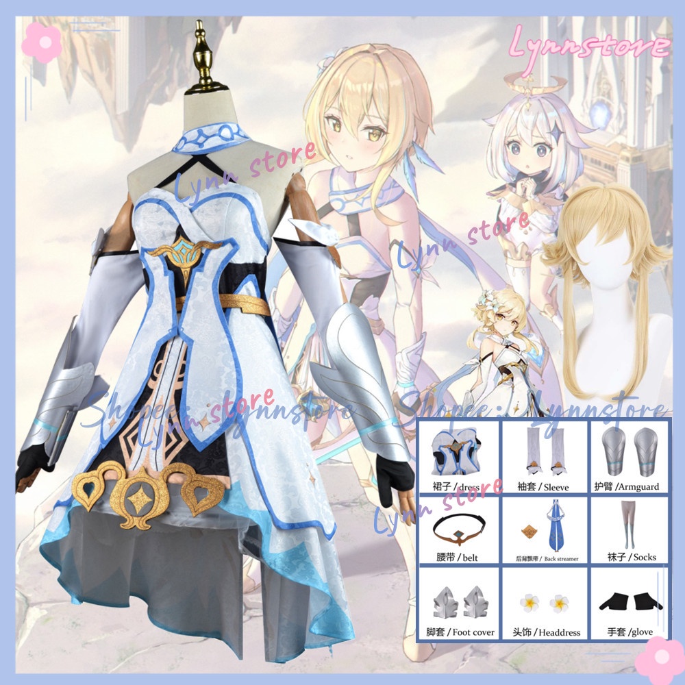 Genshin Impact Lumine Cosplay Costume Dress with Headwear Cosplay Wig ...