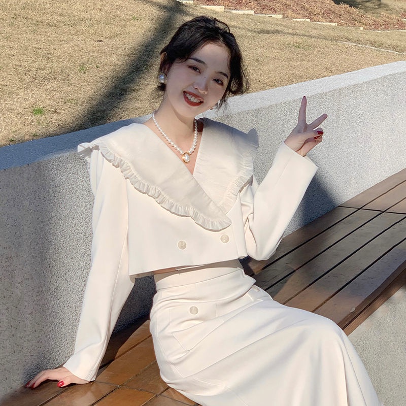 Autumn Fairy Suit Skirt Retro Large Lapel Ruffled Short Suit Coat Skirt ...