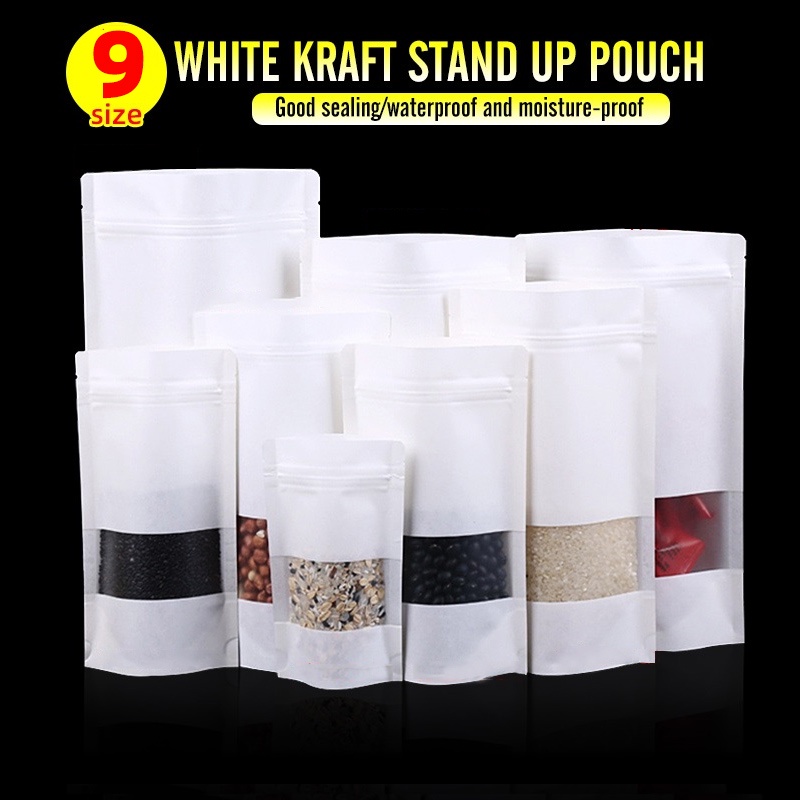 100pcs White Kraft Stand Up Pouch Resealable Pouch Packaging Plastic ...