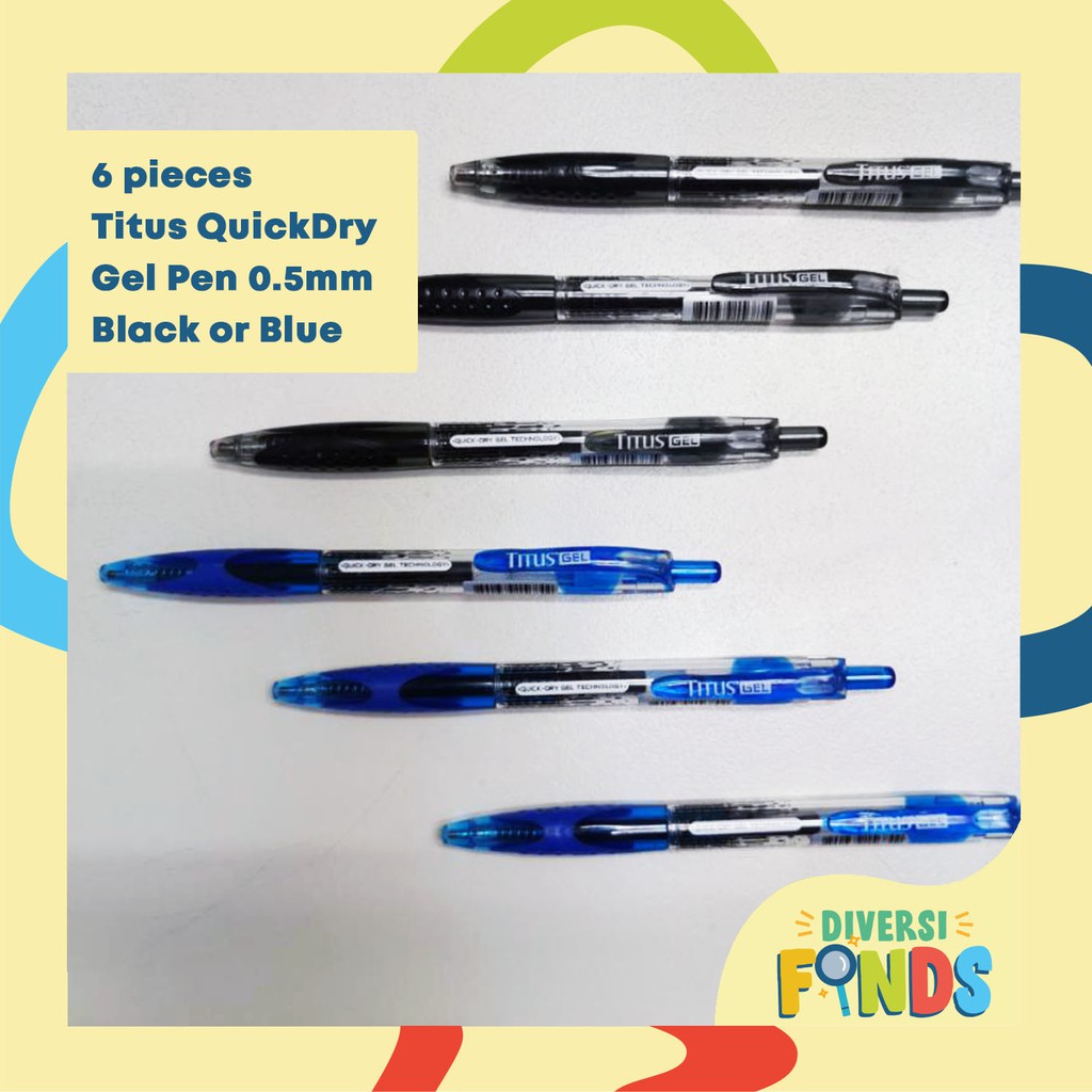 6 pcs Titus Quick Dry Gel Ink Technology 0.5mm in Black, Blue or Red ...