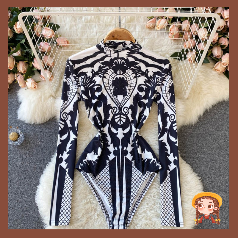 breathe Women Long Sleeve Stand Collar Bodysuit Elegant Vintage Floral ...