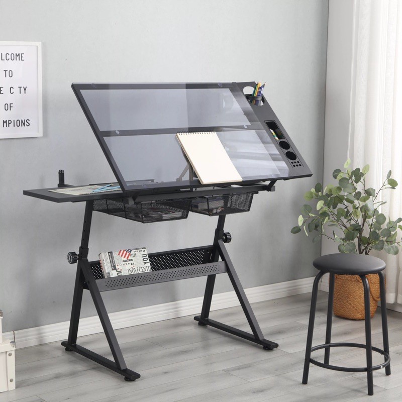 Height-Adjustable Drawing Glass Table With Side Table Drawer And Padded ...
