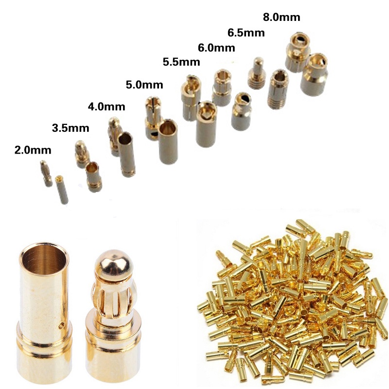 40pcs/lot 2.0mm 3.0mm 3.5mm 4.0mm 5.5mm 6.0mm 8.0MM Gold Bullet Banana ...