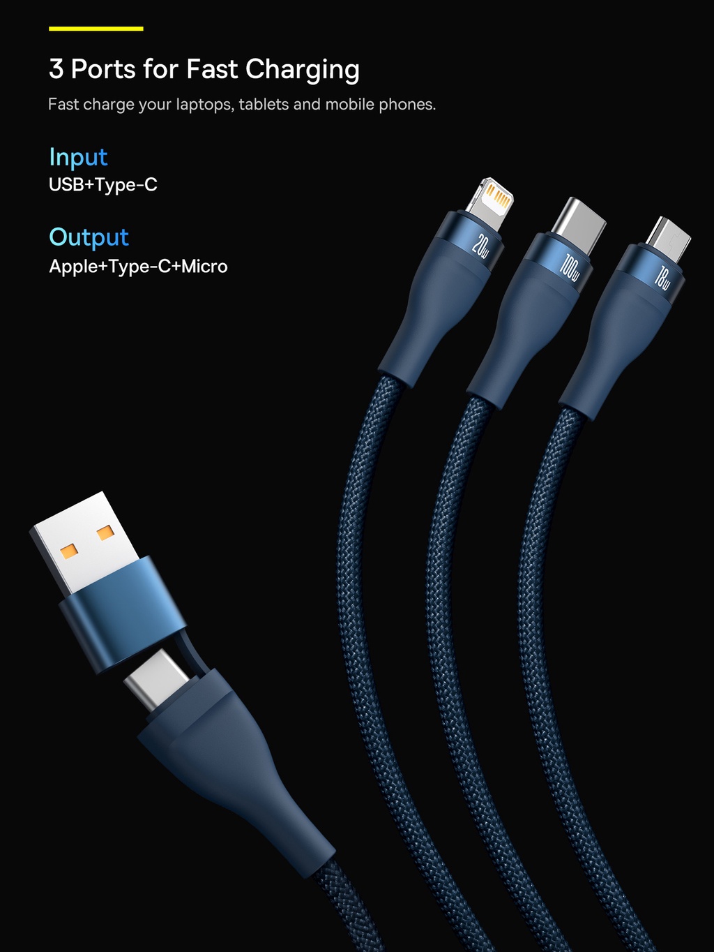 Baseus 100W 3 in 2 Charging Cable USB+USB-C to M+L+C 5A Type-C Super ...