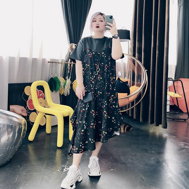 Plus Size Summer Dress Women's 200 Fat MM300 Floral Splicing T-shirt ...