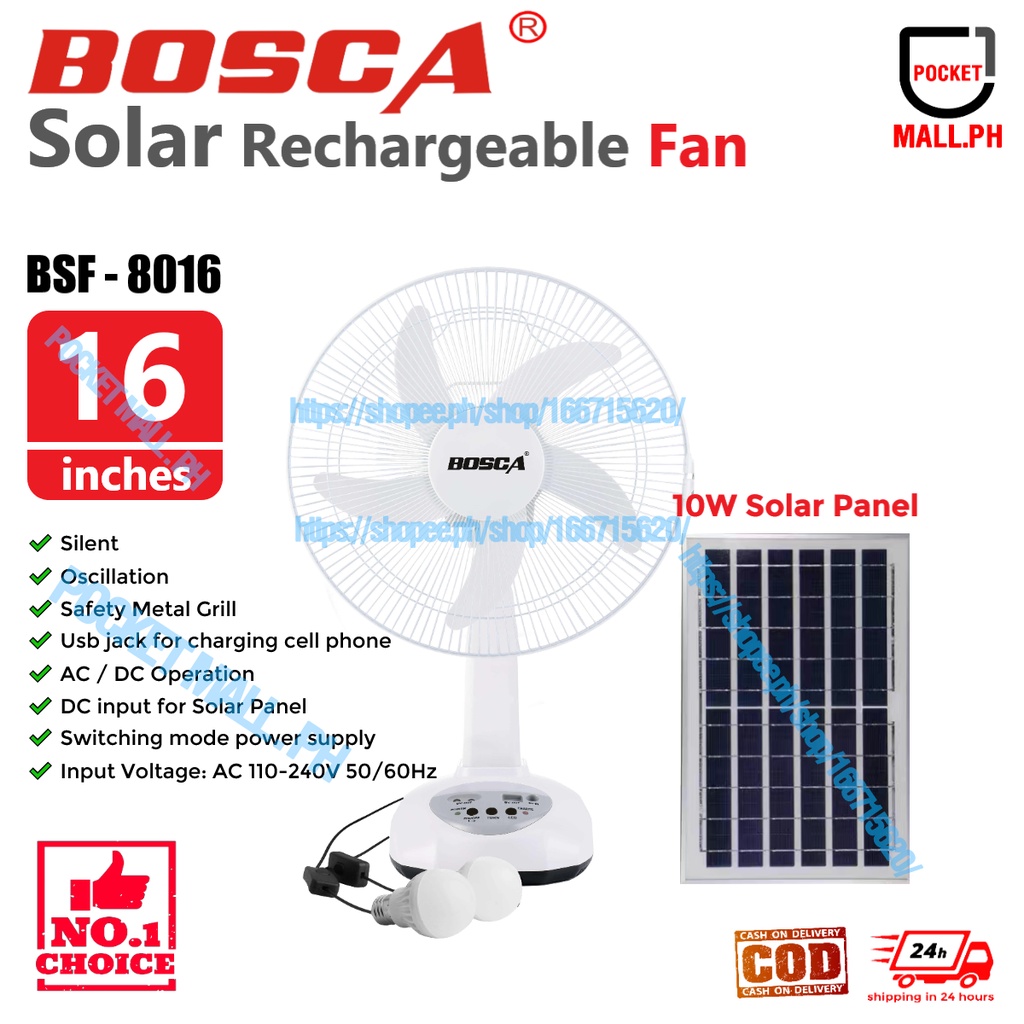 BOSCA Solar Recahrgeable Electric Fan Stand Fan with LED light TWO LED ...