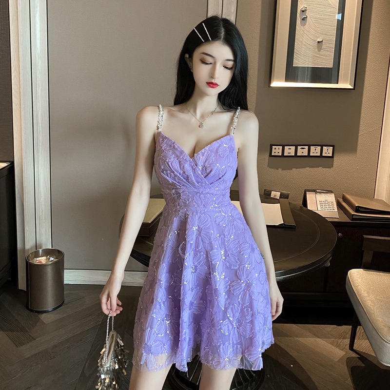 Sexy V-Neck Low-Cut Halter-Waisted Taro Purple A-Line Umbrella Hem ...