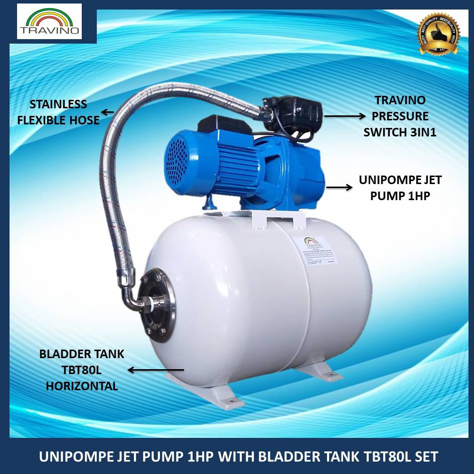 Unipompe jet Pump UP100L 1HP with Travino Bladder Tank TBT80L Set ...