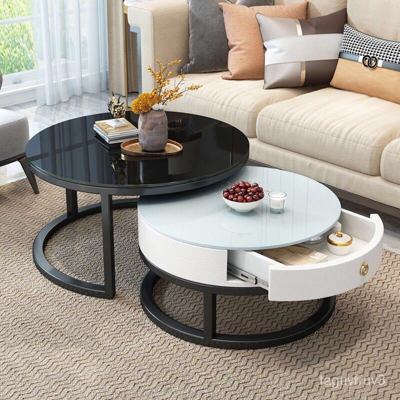 Tempered Glass Round Coffee Table with Drawer for Living Room 2 in 1 ...