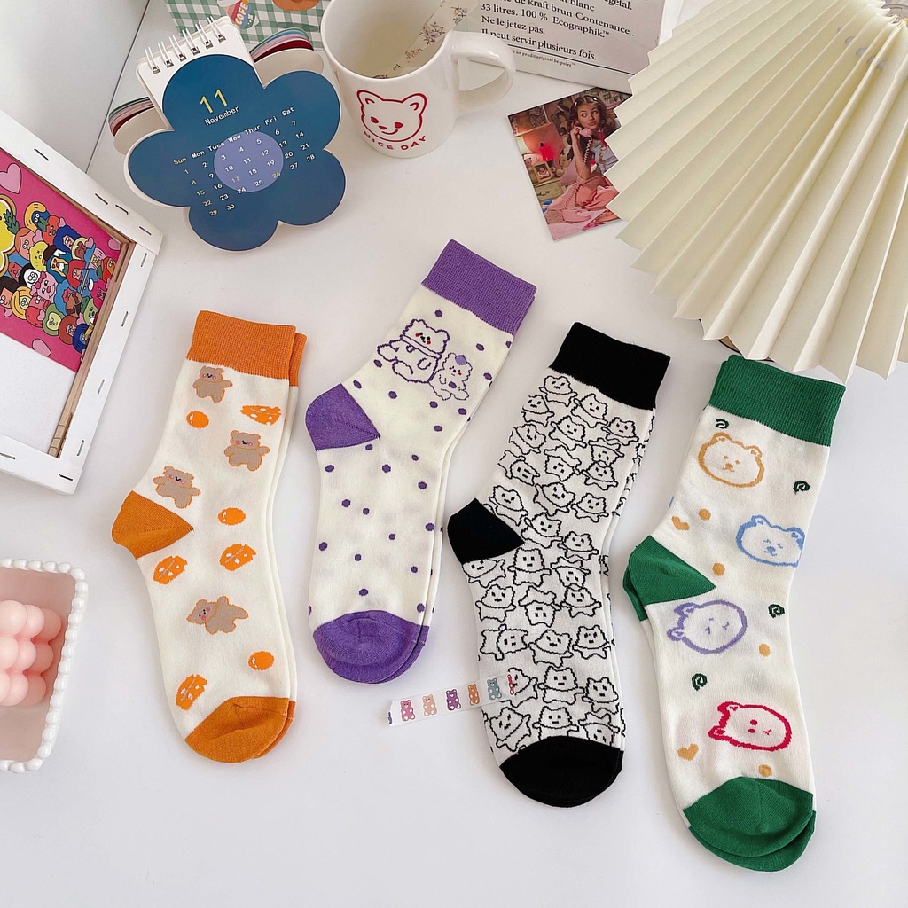 KAKA Cartoon Socks Bear Girls Middle Tube Cute ins Korea | Shopee ...