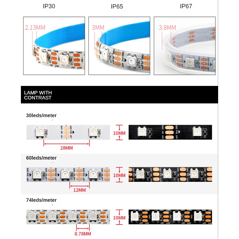 1m/5meters/roll DC5V WS2812B Led Strip 30/60/74/96/144 Leds/m WS2812 ...