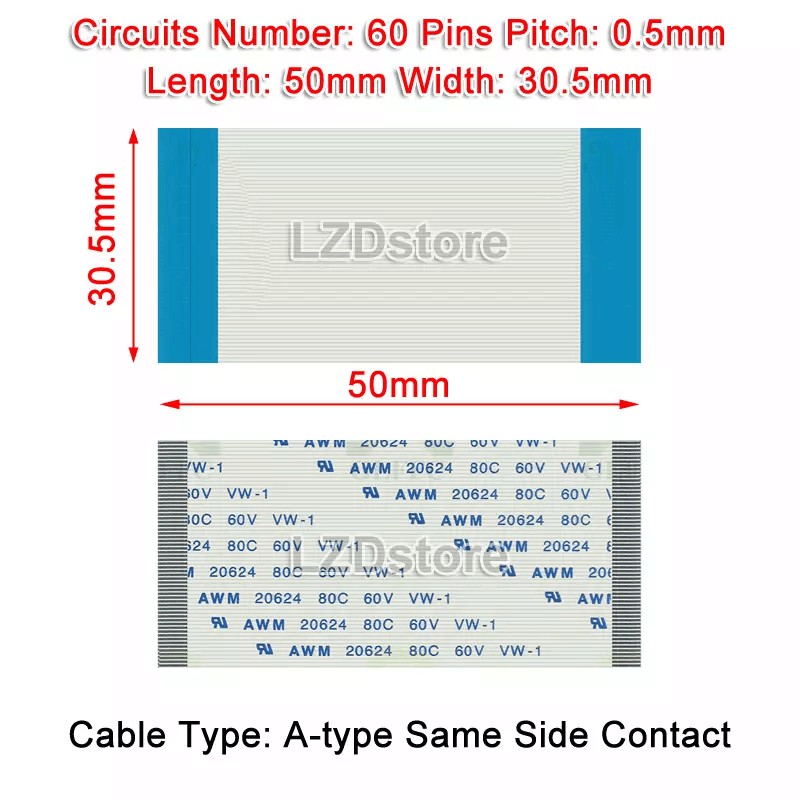 2pcs FPC Ribbon Flexible Flat Cable 60P Pitch 0.5mm Length 50mm A-type Same Side Contact FFC ...
