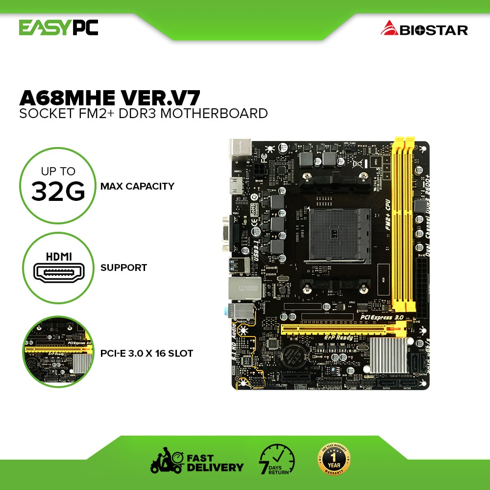 Biostar A68MHE Ver.V7 Socket Fm2+ Ddr3 Motherboard, AMD A68H Chipset, AMD FM2+ A-series APU ...