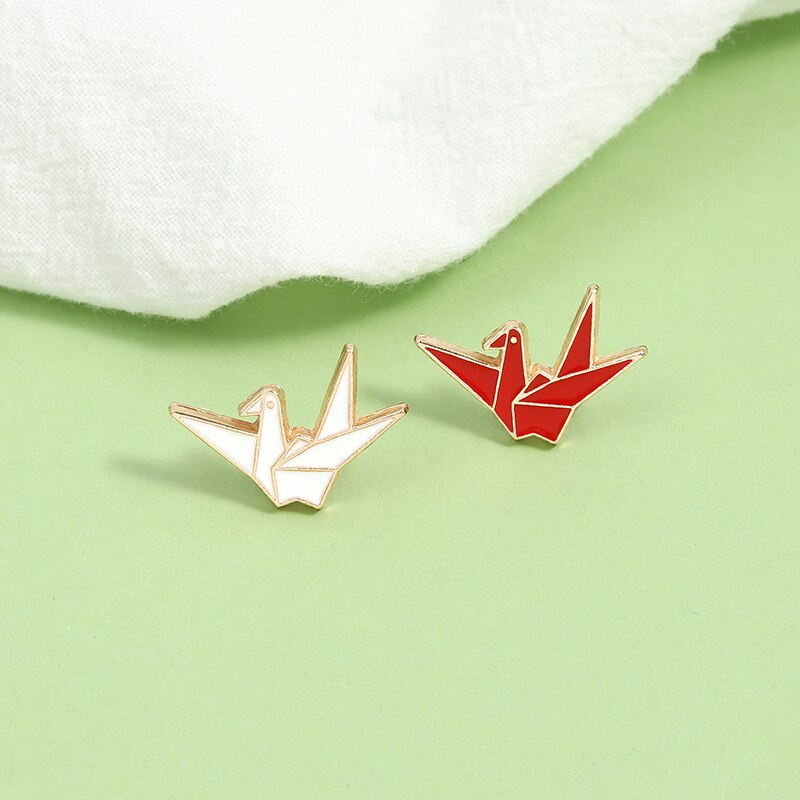 Paper Cranes Enamel Pin Custom White Red Origami Bird Brooches Bag ...