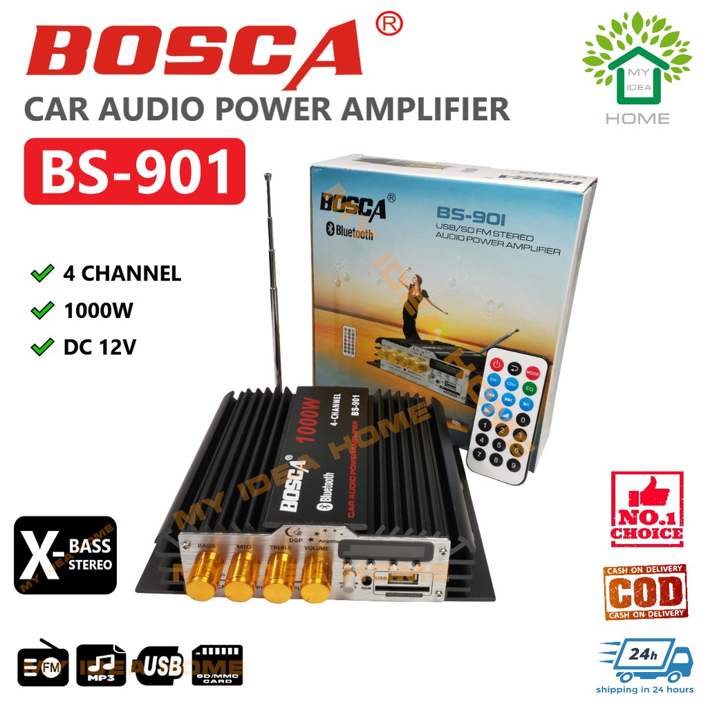 BOSCA Amplifier with Bluetooth USB/SD FM Stereo Audio 4 Channel Power ...