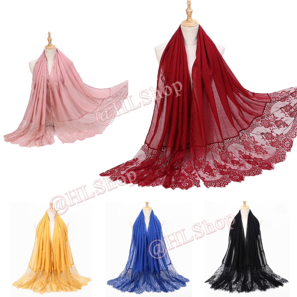 HLSS-326 Pure Color Lace Scarf Fashion Soft Cotton Eyelace Shaped Hijab ...