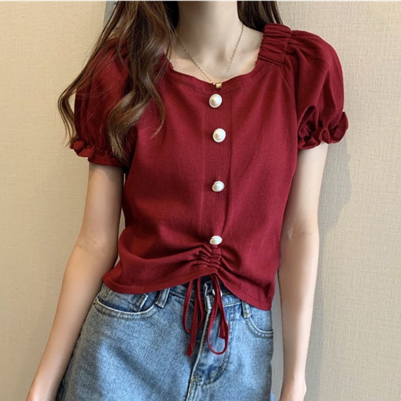 Knitted Top Women Croptop Korean Style Fashion Slim Puff Sleeve Red ...