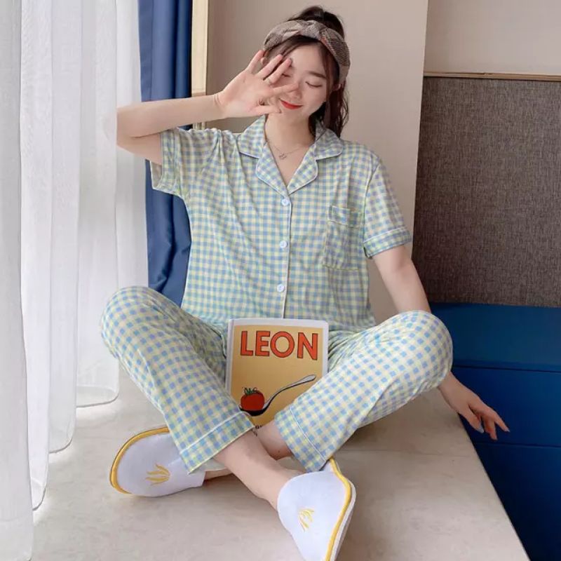 Green Checkered Sleepwear Shortsleeve Pajama Set PolyCotton Korean ...