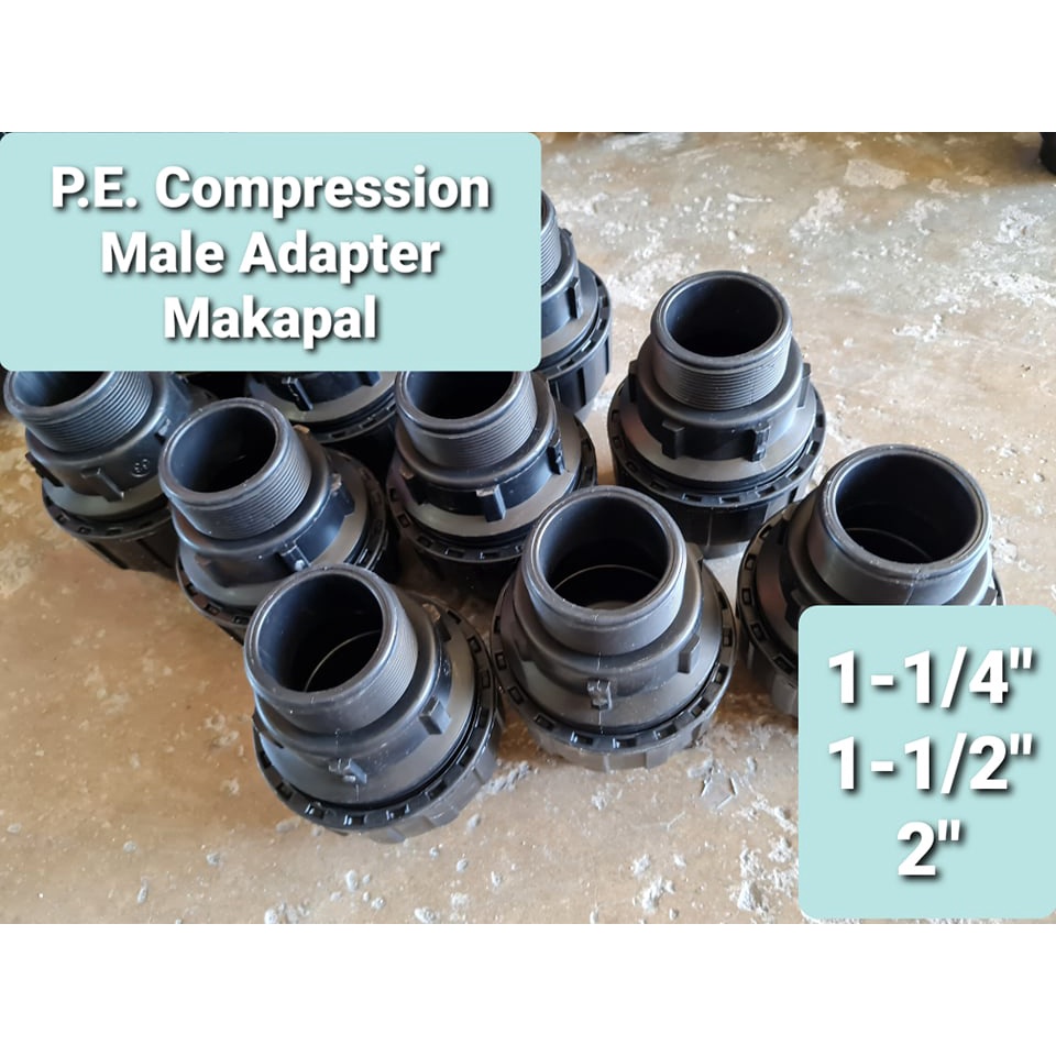 P.E. Compression Male Adapter Makapal 1-1/4" 40mm 1-1/2" 50mm 2" 63mm PE Fittings Black Male ...