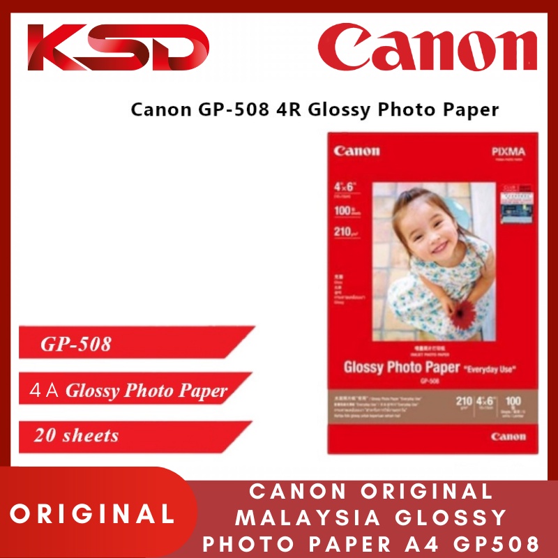 Canon GP-508 Glossy Photo Paper - 100 Sheets / 20 Sheets (4R / 4"x6 ...