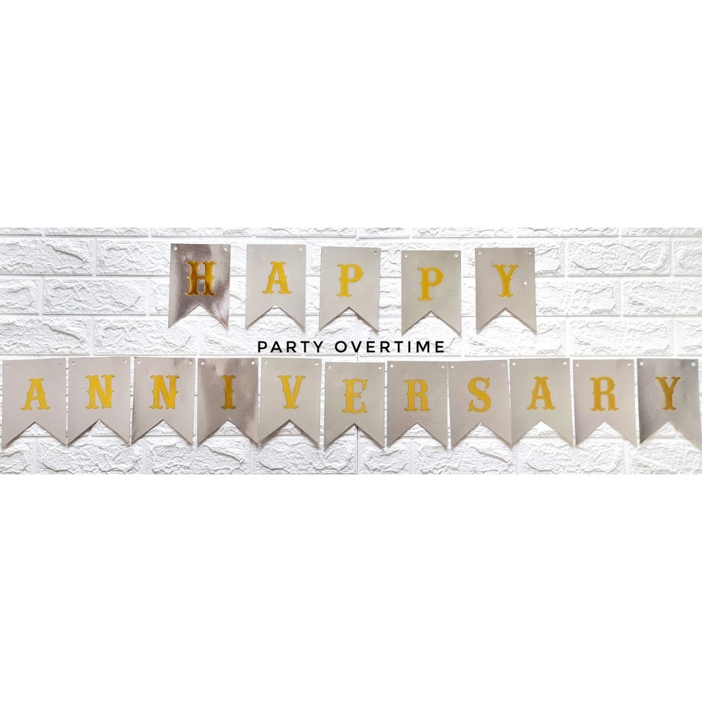 Happy Anniversary Banner Silver with Gold Letters Banderitas Flag Party ...
