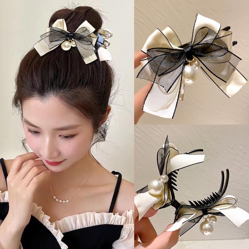 Korean Bow Hair Bun Clip Rhinestones Ponytail Hair Clip High End ...