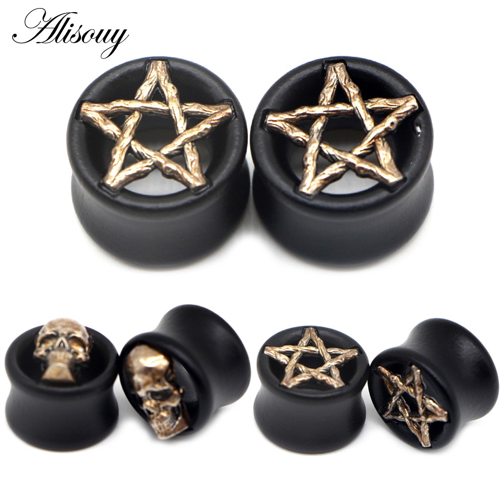 Alisouy 2PCS Wood Ear Plug Flesh Tunnels Skull Star Shape Body Piercing ...
