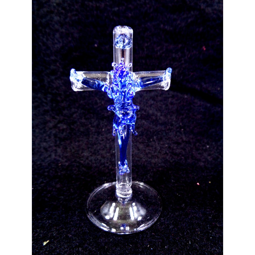 GLASS CRUCIFIX WITH STAND (Light Blue) Jesus Christ on the Cross w ...