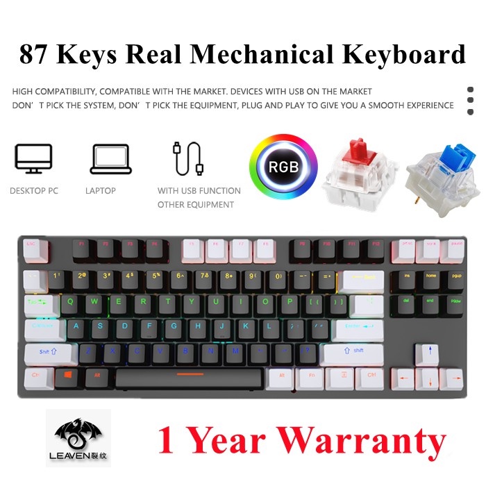 RGB Leaven RGB 87 Keys Mix Keycap Color True Mechanical Gaming Keyboard ...
