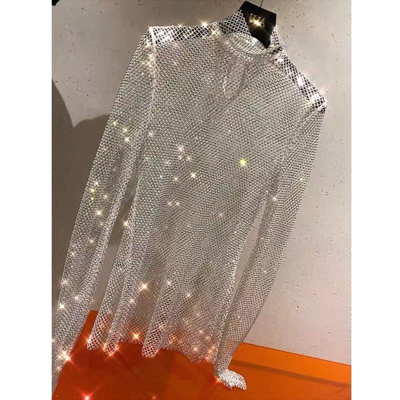Hight quality Rhinestones Women Diamonds Turtelneck Tops & Tees Runway ...