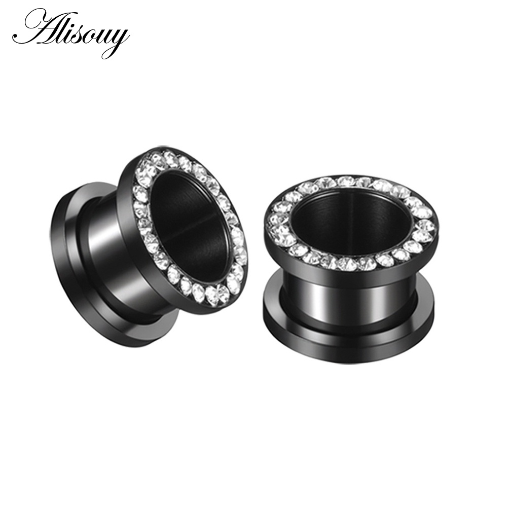 Alisouy 2 Pieces Stainless Steel Crystal Zircon Ear Tunnels Plug Screw ...