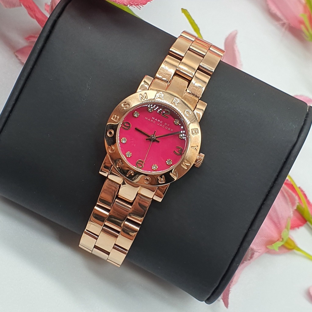 Mini Amy Pink Dial Rose Gold Tone Stainless Steel Bracelet with Crystal ...