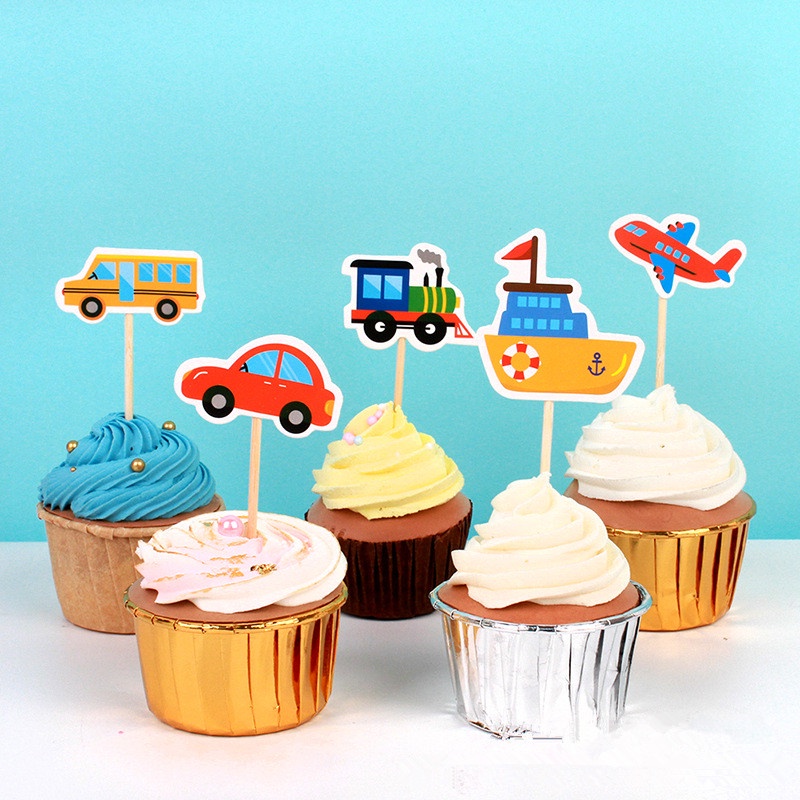 15pc Transportation Cars Train Airplane Ship Cupcake Toppers Cake Picks ...