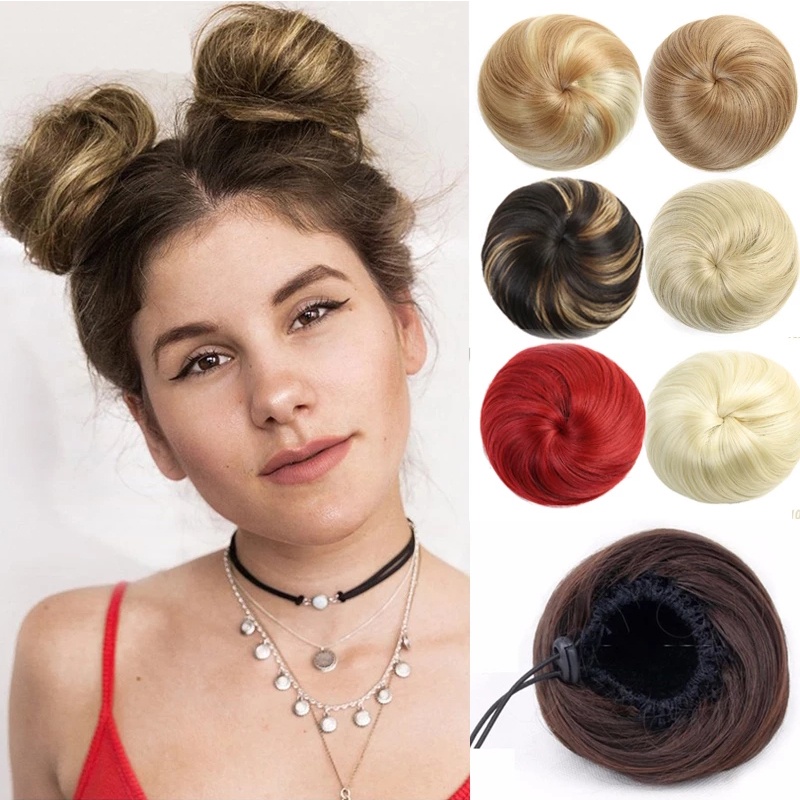 Women's Black Brown Bun Synthetic Hair Stretch Bun Drawstring Donut Wig ...