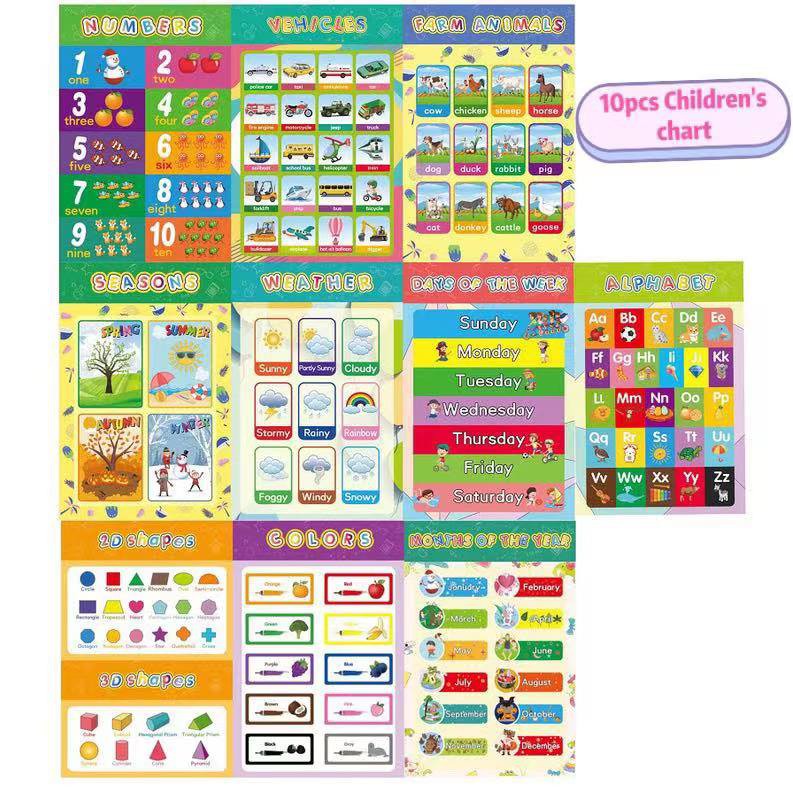 10PCS Charts for Preschoolers Toddlers Kids Kindergarten Alphabet ...