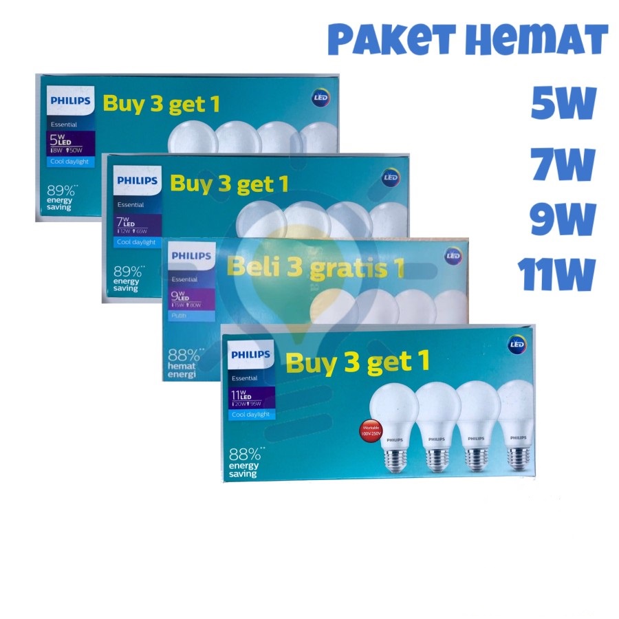 PUTIH Philips ESSENTIAL LED LIGHT BALL PACKAGE SET 5W 7W 9W 11W WHITE ...