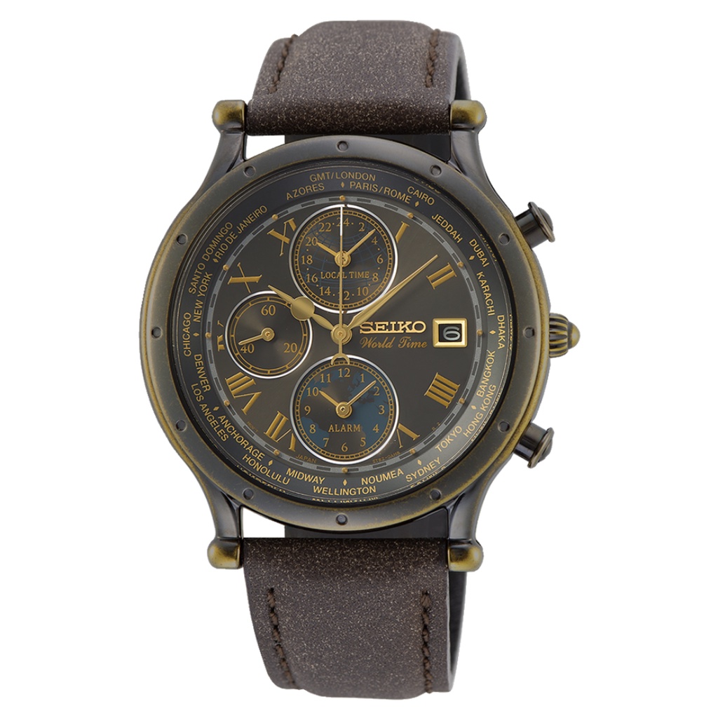 SEIKO Brown Dial SPL062P1 Calfskin Band Material Men's Chronograph Watch World Time Function ...