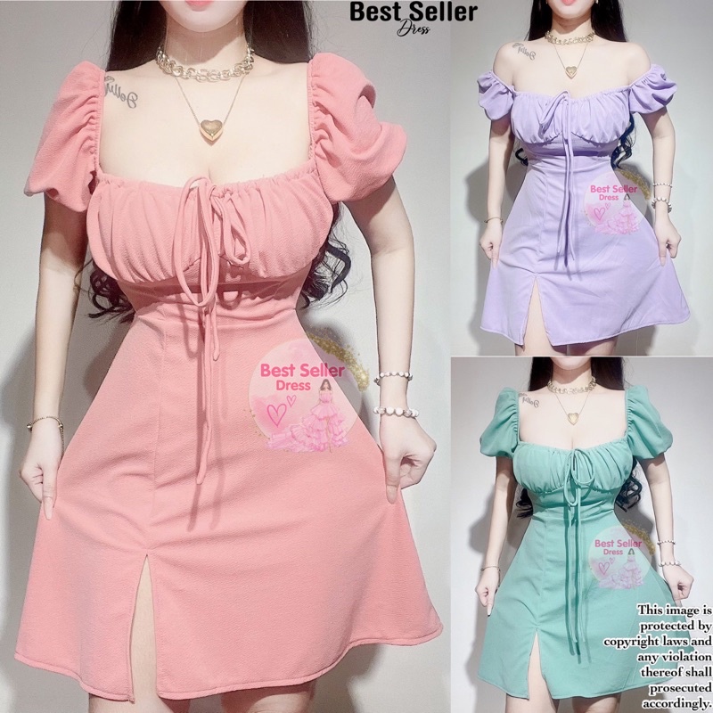 Best Seller Selena (S-XXL) 2 Way Puff Sleeves Mini Slit Dress (BEST ...