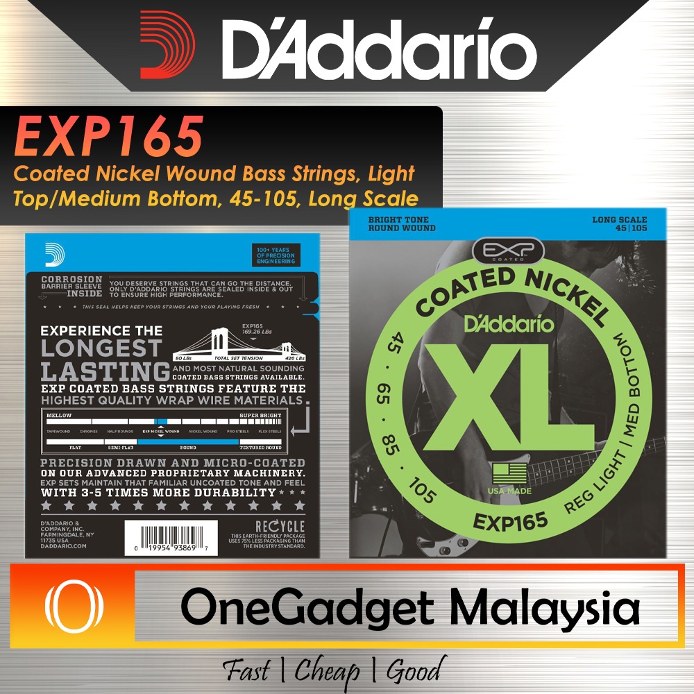 DAddario EXP165 Coated Nickel Wound Bass Strings, Light Top/Medium ...