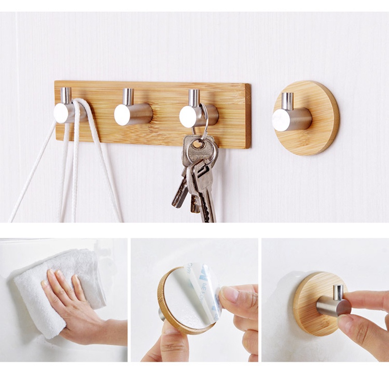Adhesive Bamboo Stainless Steel Hook Rack Wall Clothes Bag Key Hanger ...