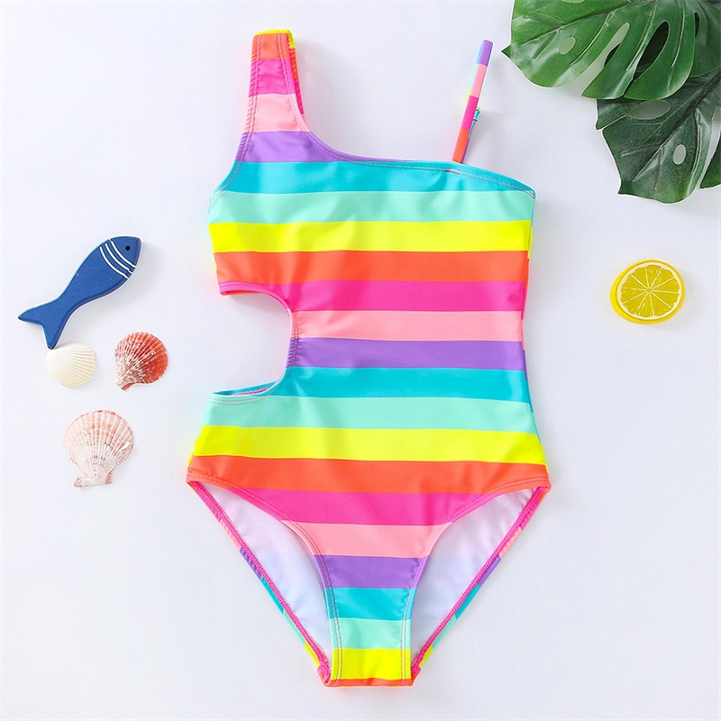 2022 Girls Swimsuit One Piece Striped Cut-out Swimwear 3-10years ...