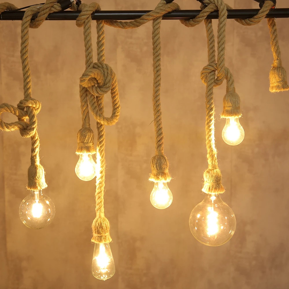 LED Vintage Hemp Rope Pendant Lamp Base E27 100 cm Socket Creative ...