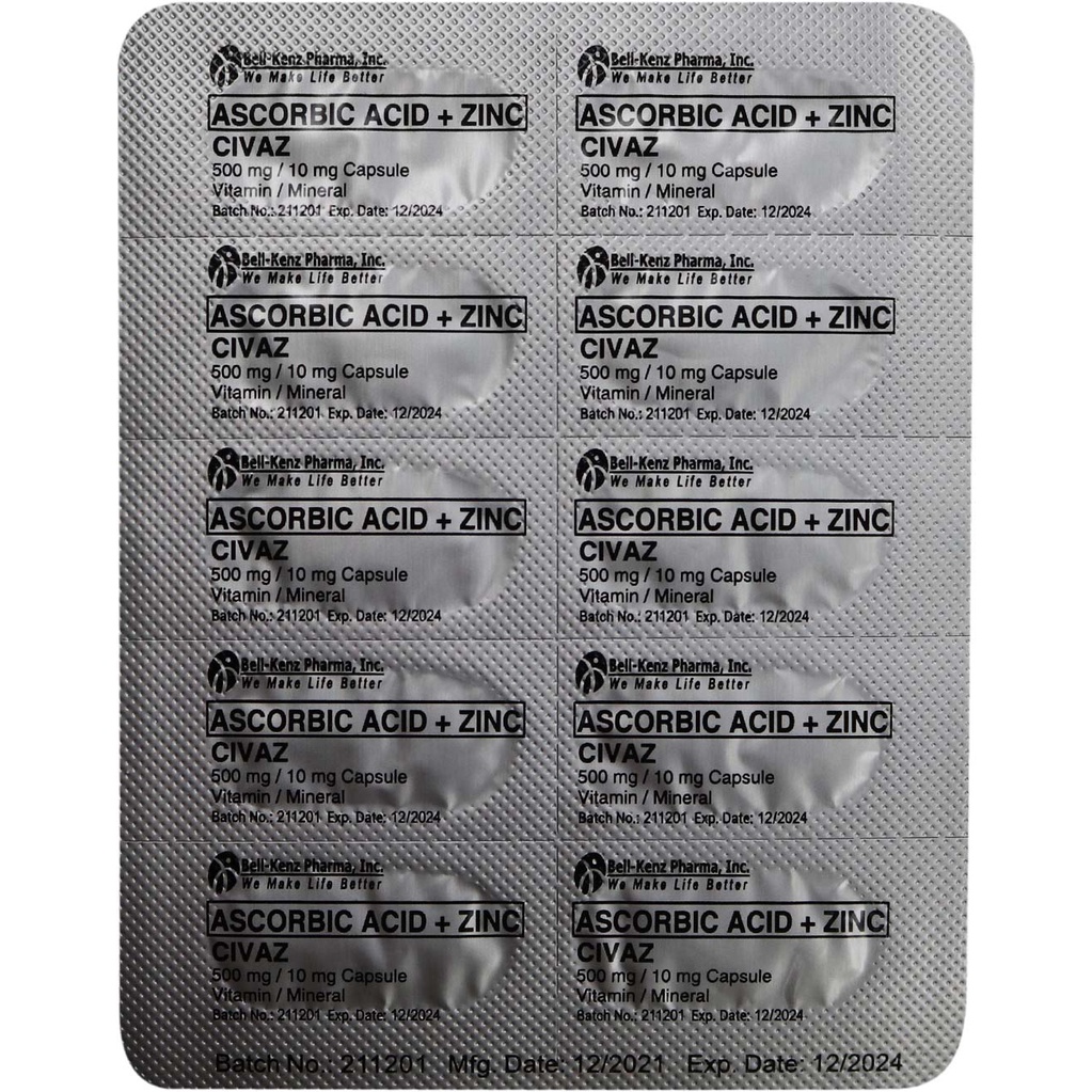 Civaz Ascorbic Acid + Zinc 500mg/10mg Capsules 100 pcs | Shopee Philippines