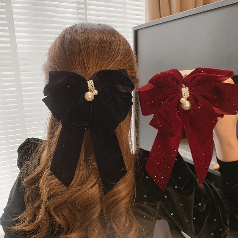 Retro Velvet Tassel Big Bow Hairpin for Girl Velvet Ribbon Bow Barrette ...