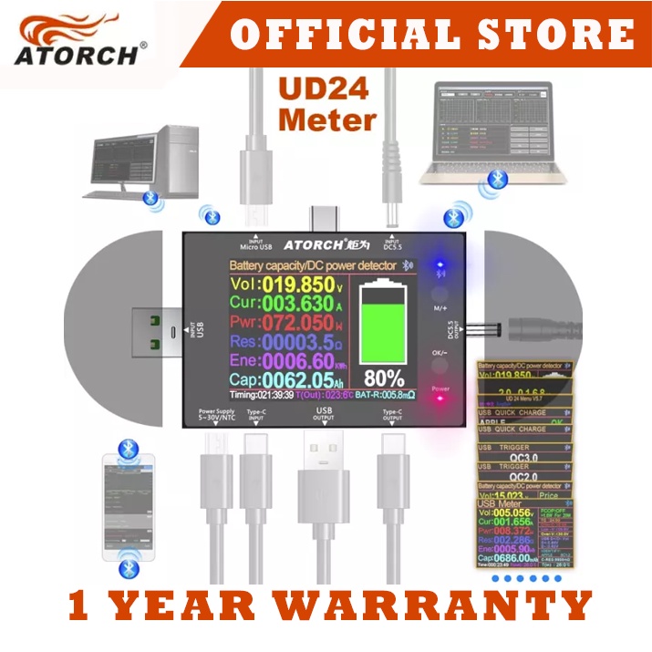 Atorch UD24 2.4"inch USB tester DC5.5 Type-C digital voltmeter ammeter ...